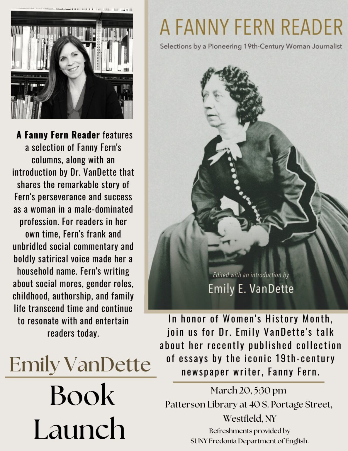 Professor Emily VanDette “A Fanny Fern Reader” – Patterson Library